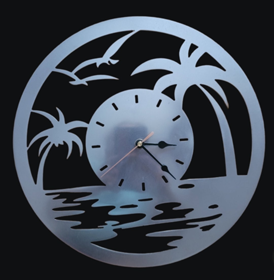 14" Beach Ocean Theme Clock Palm Sunset Metal Wall Art Home Decor ...
