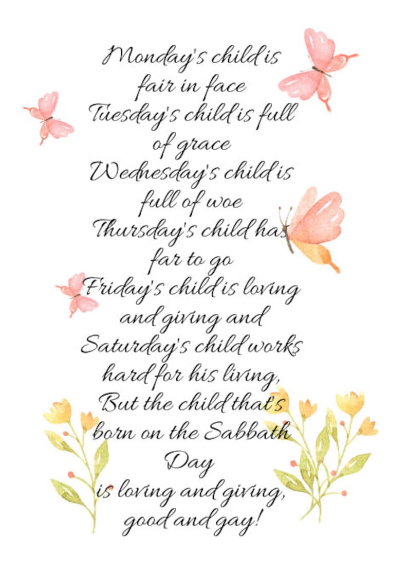 Sunday's Child Poem, Mondays Child Tuesdays Child - Etsy New Zealand