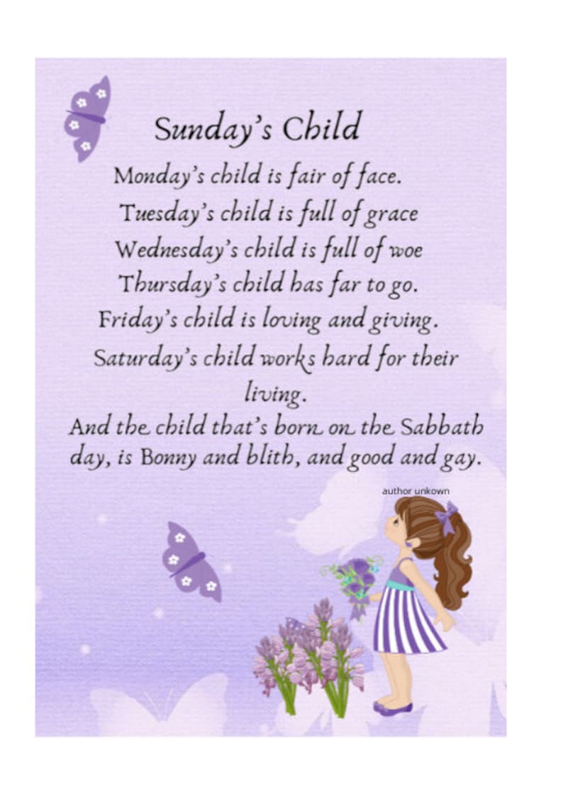 5x7, Nursery Art, Wall Art, Digital Art, Sunday’s Child Poem, Happy ...