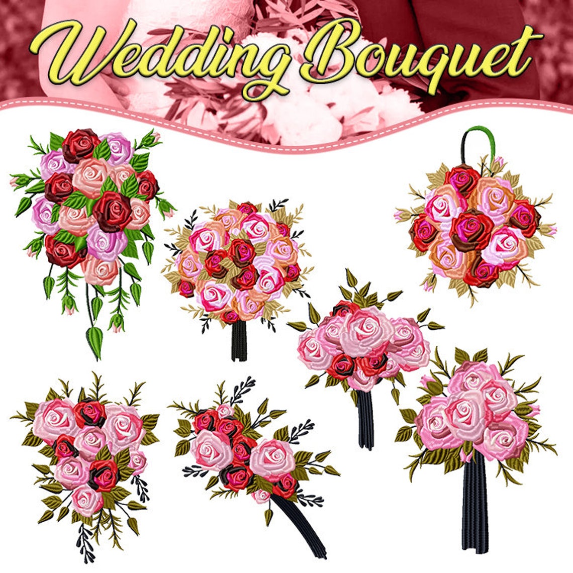 Machine Embroidery Designs Wedding Bouquet Collection of 7 | Etsy