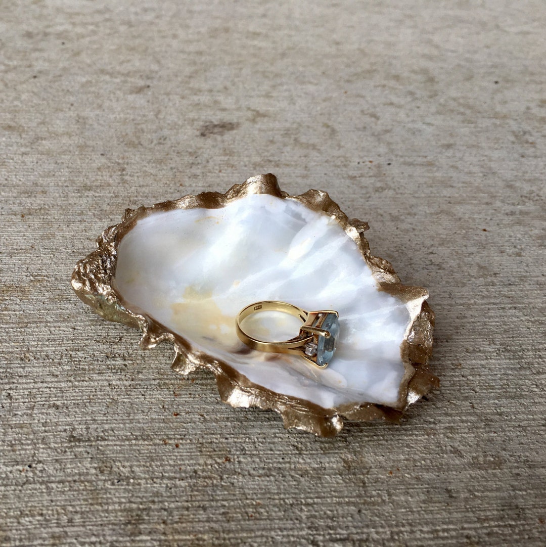 White and Gold Oyster Shell Ring Dish: Gulf Coast Jewelry Holder - Etsy