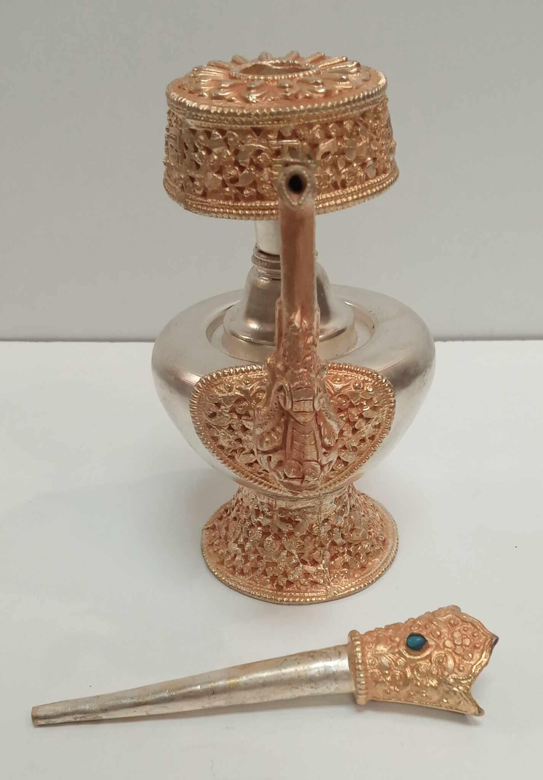 PUJ 1021 8ins Gorgeous Tibetan Silver & Gold Plated Offering Bhumpa for ...