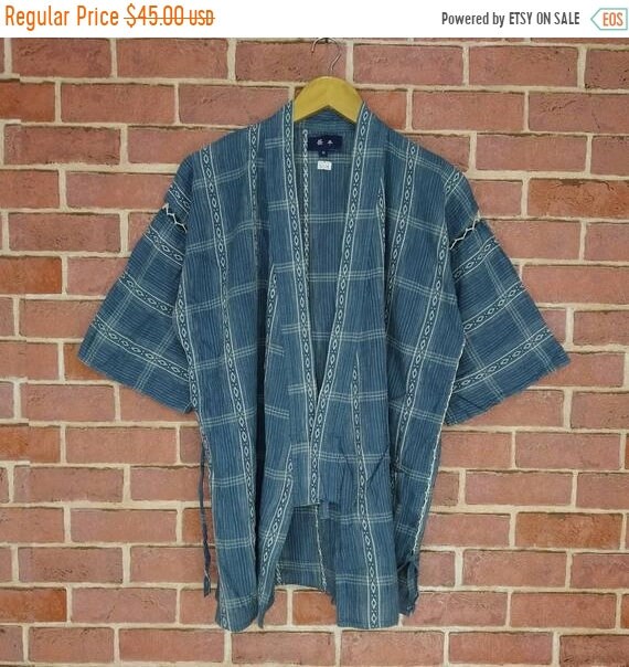 Rare!! Haori Kimono Blue Patchwork Design Short Kimono - Gem