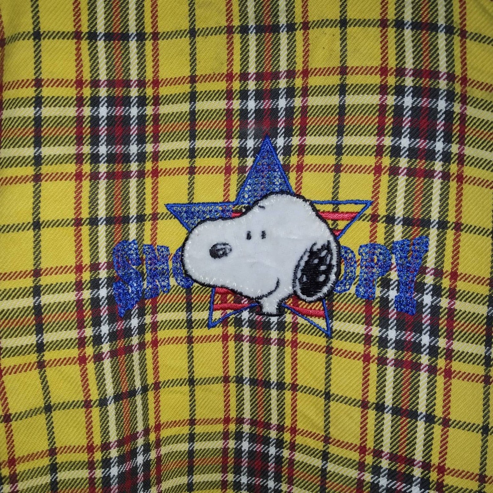Rare!! Snoopy Checkered Design Button Down Shirt Snoopy Cartoon Size L ...