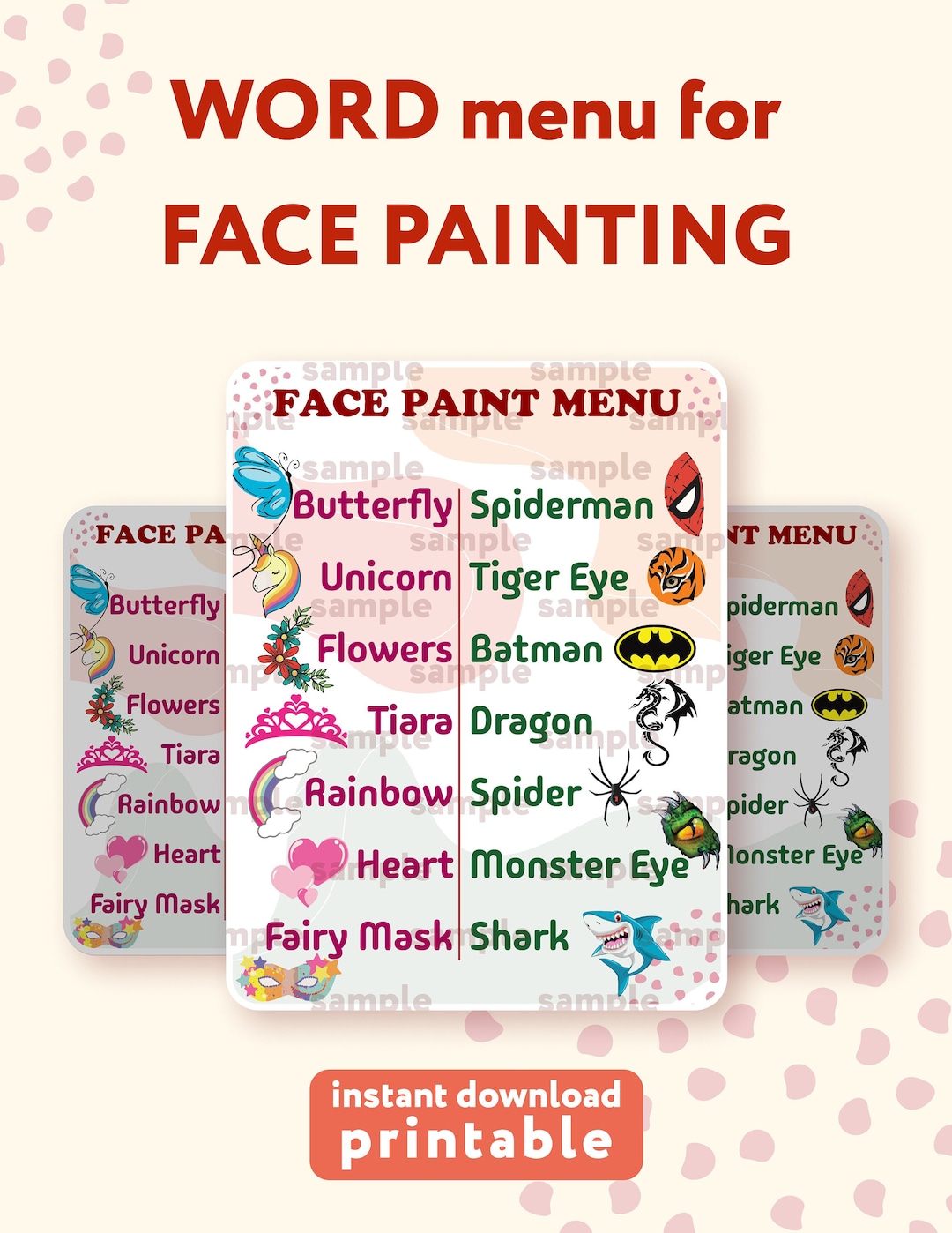 Face Paint Menu: Cartoon Designs, Printable PDF, PNG, JPG (digital ...