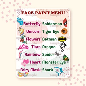 Face Paint Menu: Cartoon Designs, Printable PDF, PNG, JPG (digital ...