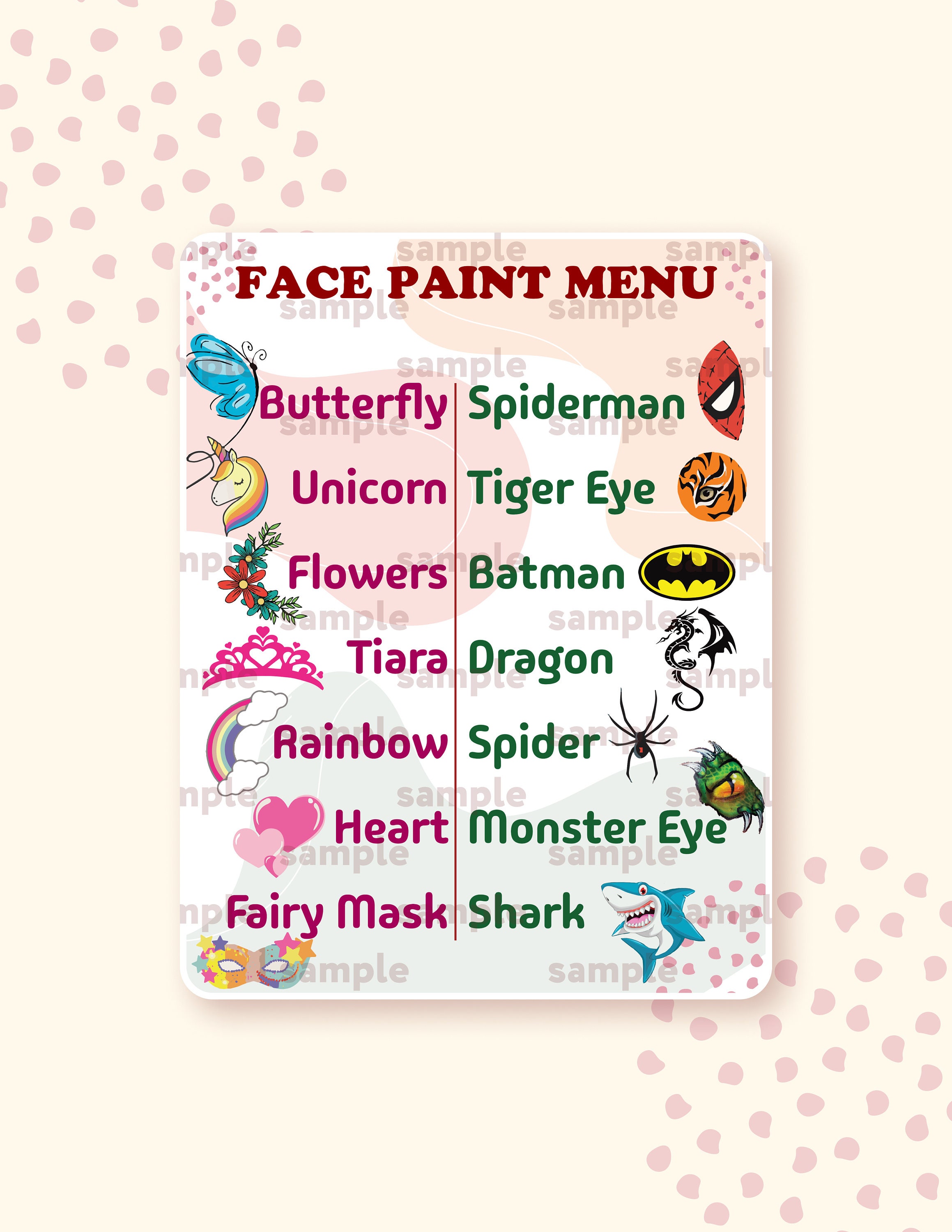 Face Paint Menu Word Board - Face Painting Choice Menu Cartoons Digital ...