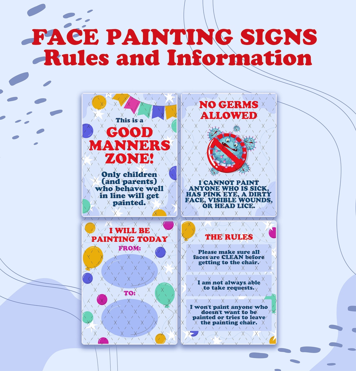 Face Painting Rules Signs: 4 Printable Information Posters (digital ...