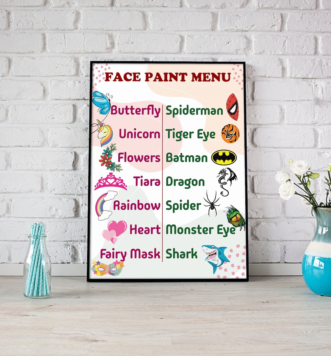 Face Paint Menu: Cartoon Designs, Printable PDF, PNG, JPG (digital ...