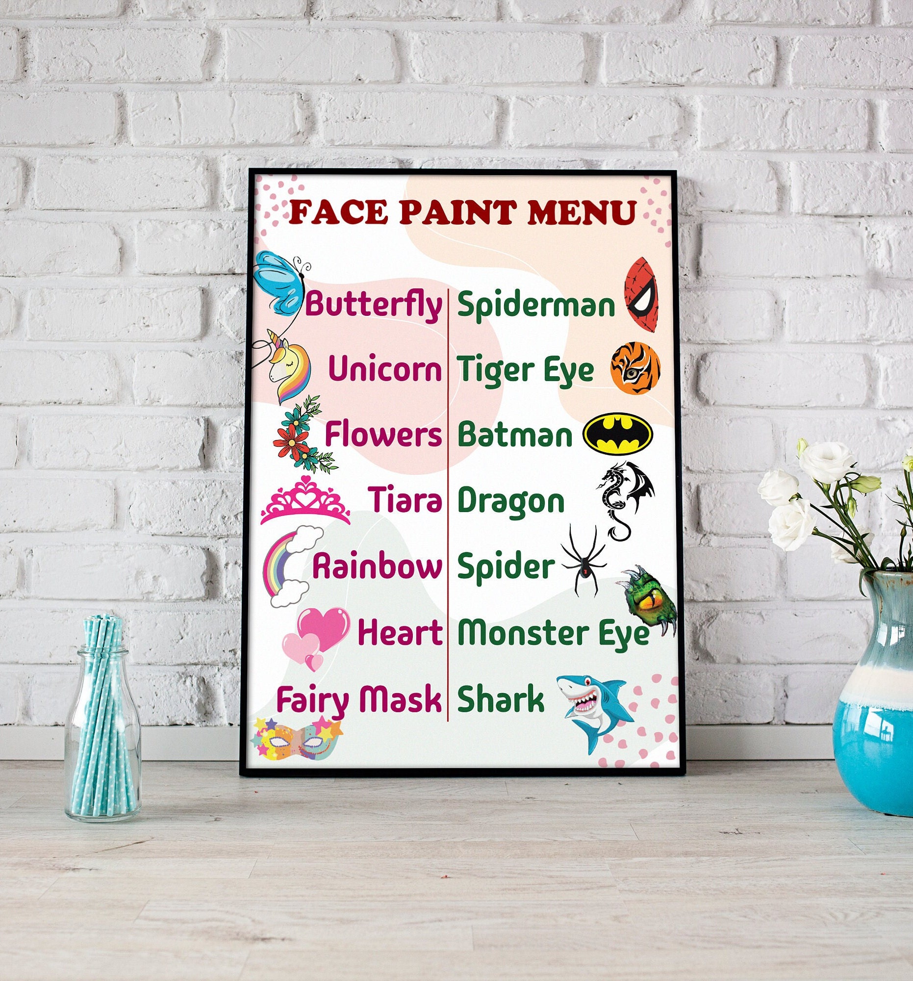Face Paint Menu Word Board - Face Painting Choice Menu Cartoons Digital ...