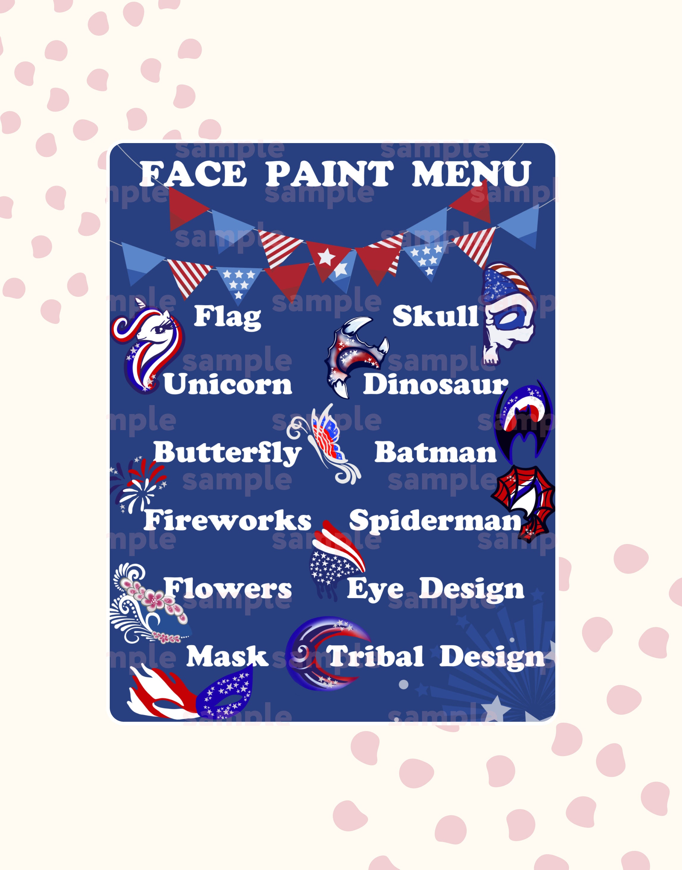 July 4th Face Paint Menu Word Board - Independence Day Face Painting ...