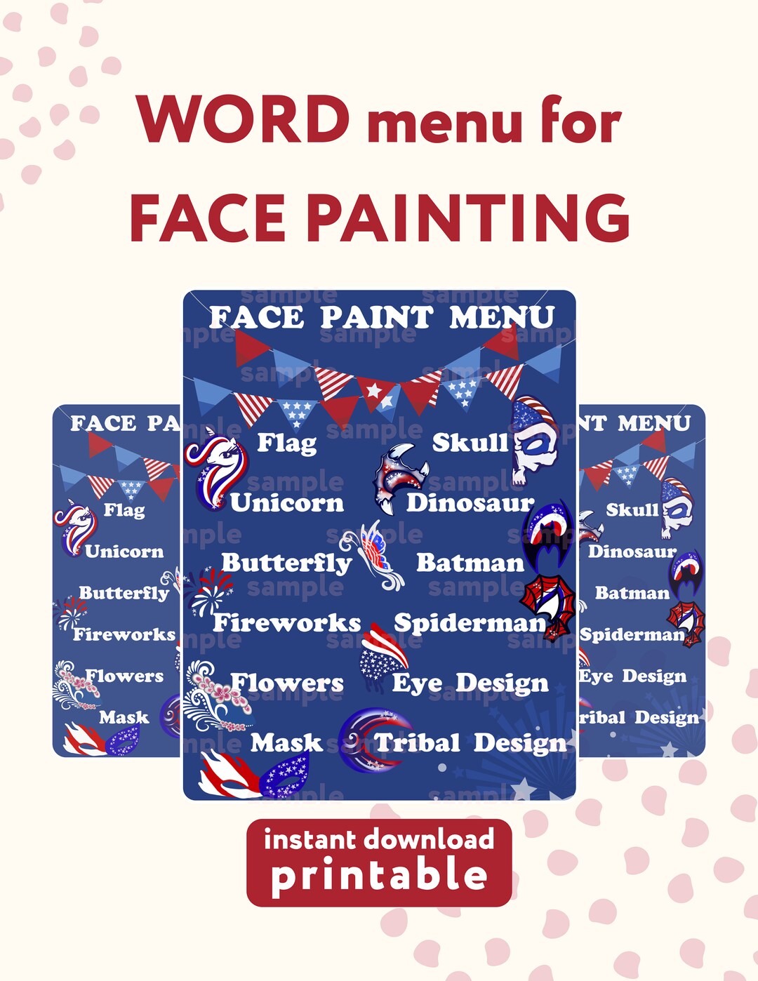 July 4th Face Paint Menu Word Board - Independence Day Face Painting ...