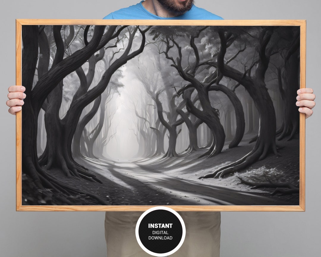 Dark Forest Sketch Illustration Black & White Landscape Painting 300 ...