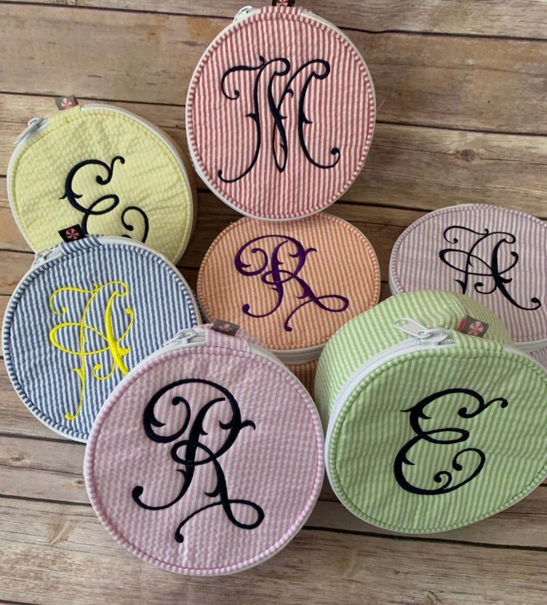 Round Jewelry Case, Seersucker, Gingham or Chambray, Monogrammed, Gifts ...