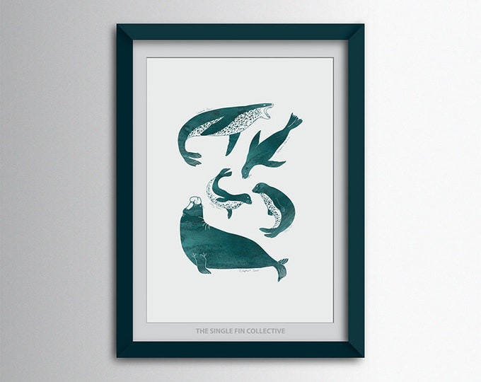 Selkie With Seals - Ink Line Drawing - Art Print, Wall Art, Coastal ...