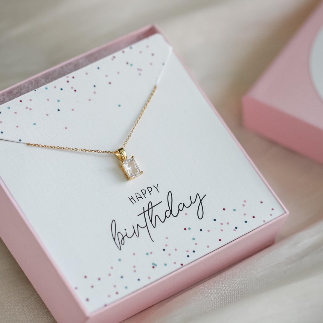 Happy Birthday Gift With Card, Emerald Cut Charm Necklace, Minimalist ...