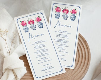 Chinoiserie Wedding Menu Template, Blue Porcelain Bridal Shower Editable Menu, Grandmillenial ...