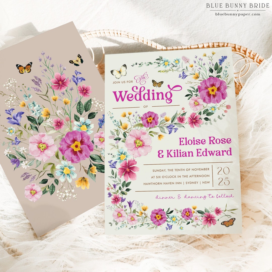 Editable Wildflower Wedding Invitation Bright Boho Floral Wedding ...