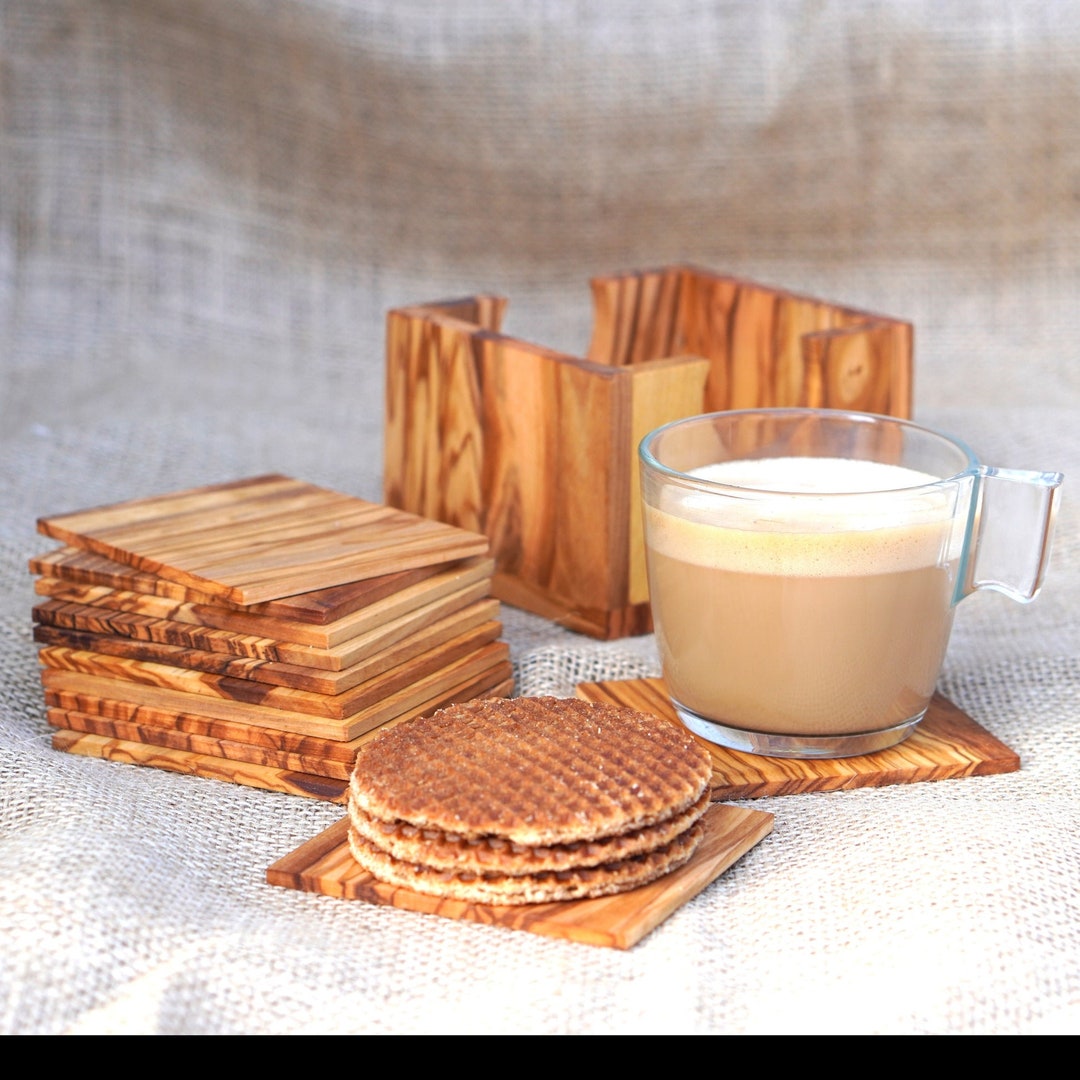 Olive Wood Set of 12 Coasters in a Square Holder, Handmade Wood ...