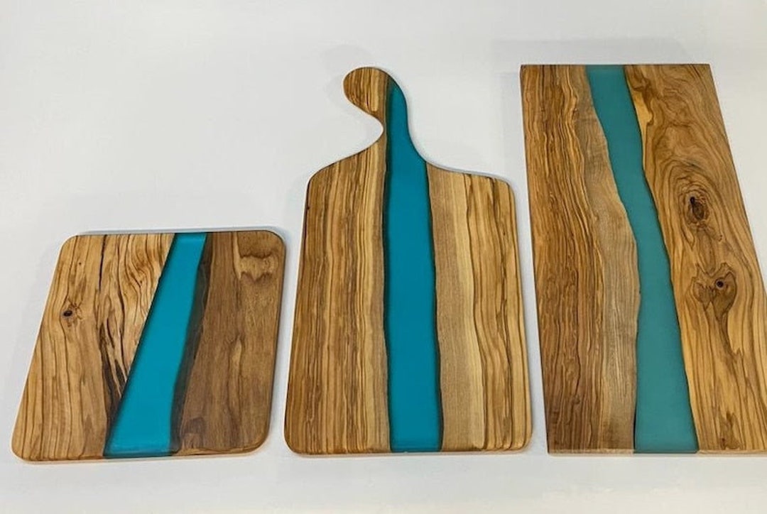 Olive Wood Epoxy River Serving Board With Handle, Olive Wood Cutting ...