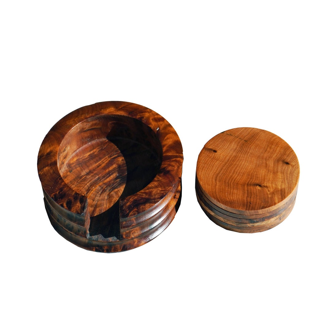 Modern Set of 6 Thuya Wood Coasters, Thuya Wood Holder Set, Round Wood ...