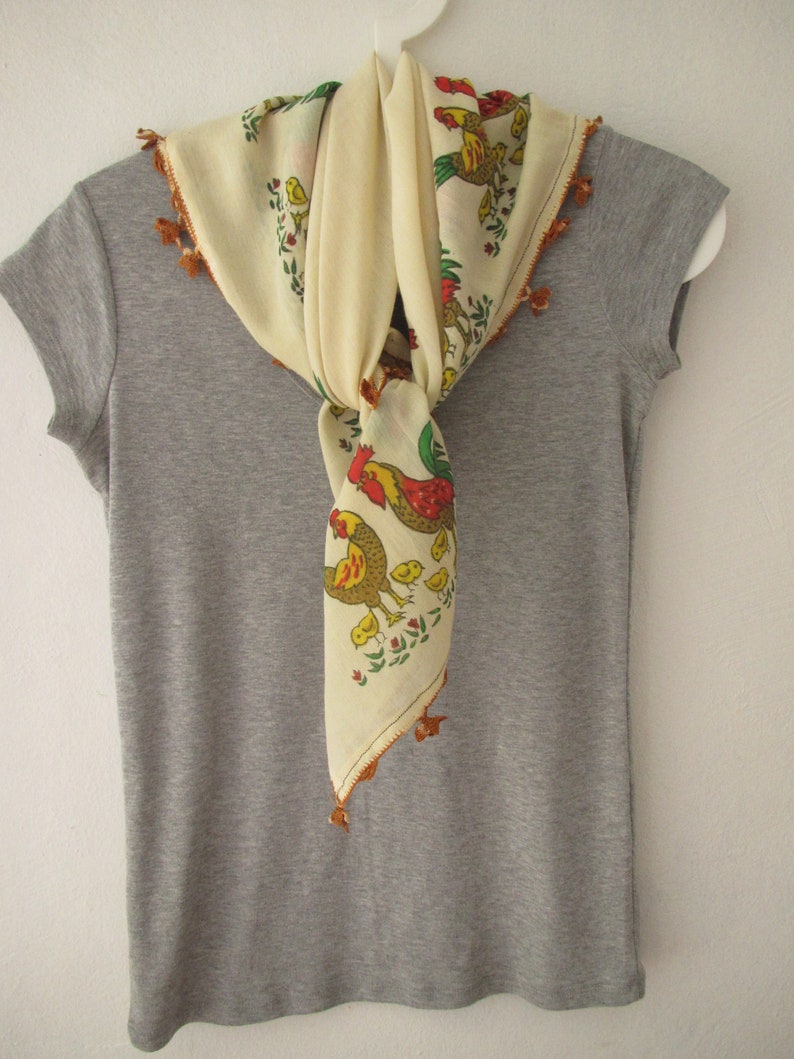 Vintage Hand Print Cotton Scarf, Hand Print Chicken and Rooster Scarf ...