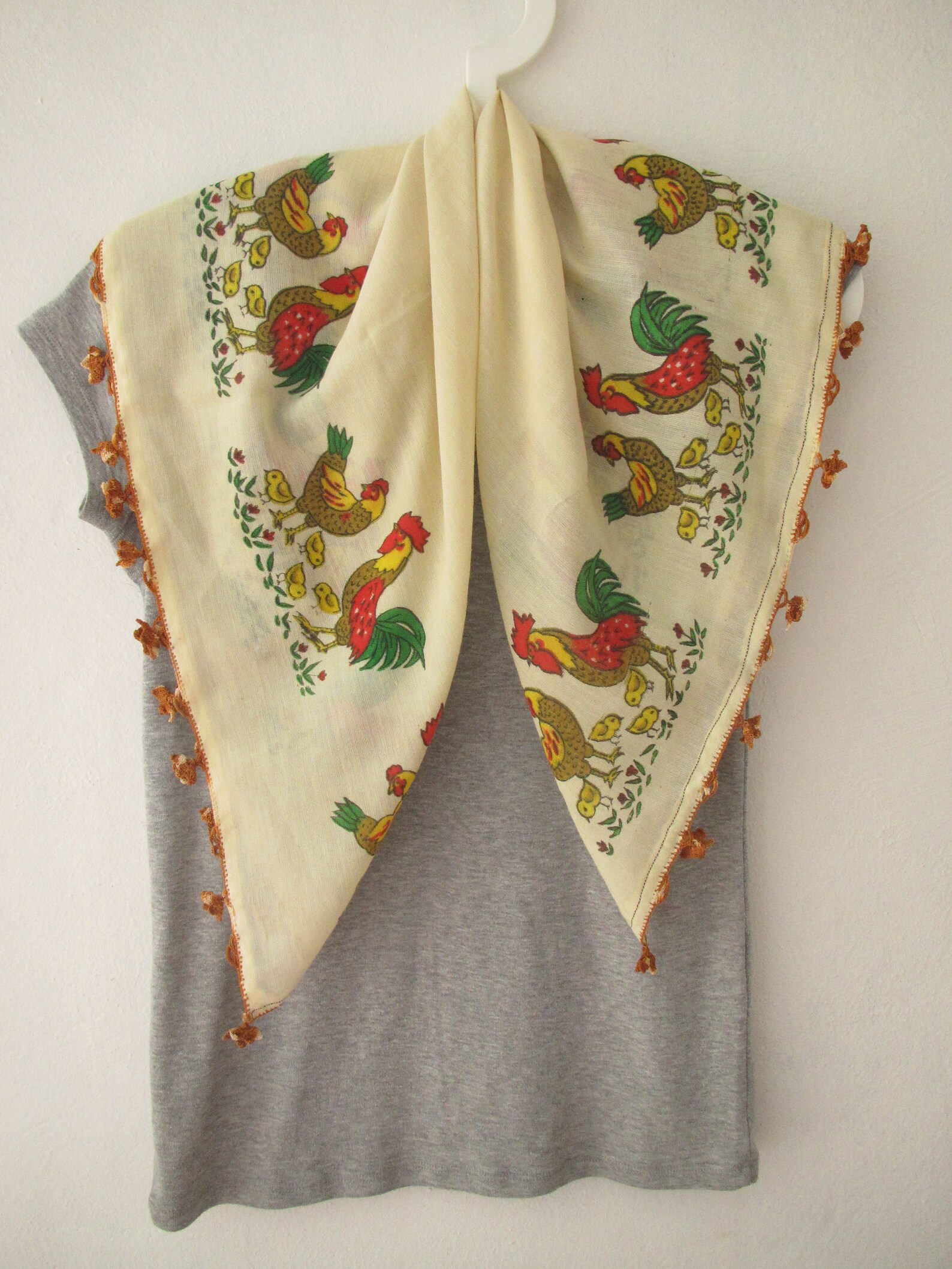Vintage Hand Print Cotton Scarf, Hand Print Chicken and Rooster Scarf ...