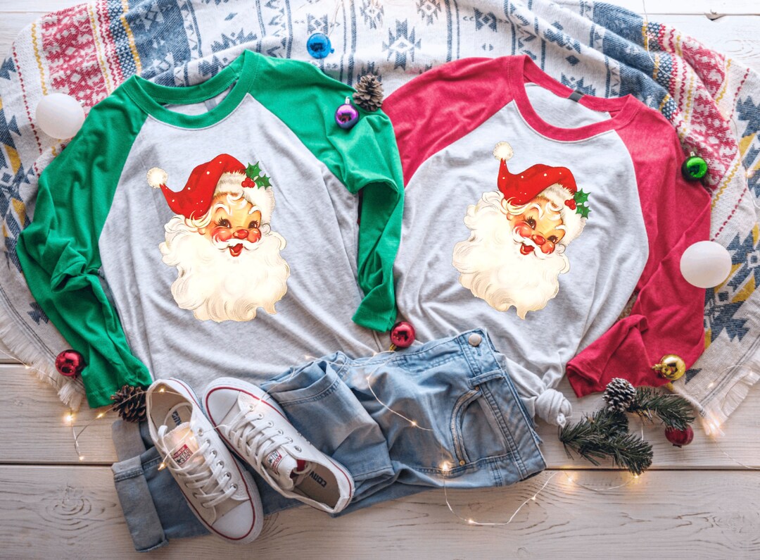 Vintage Santa Retro Christmas Sleeve Raglan Shirt - 3/4 Sleeve - Women ...