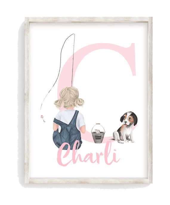 Personalized Name Initial Watercolor Little Girl Fishing With | Etsy