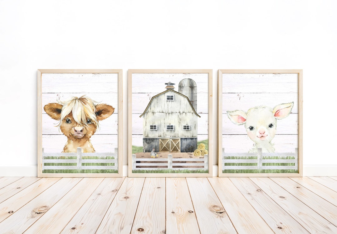 Highland Cow Lamb Watercolor Farm Animal Barnyard Rustic Shiplap ...