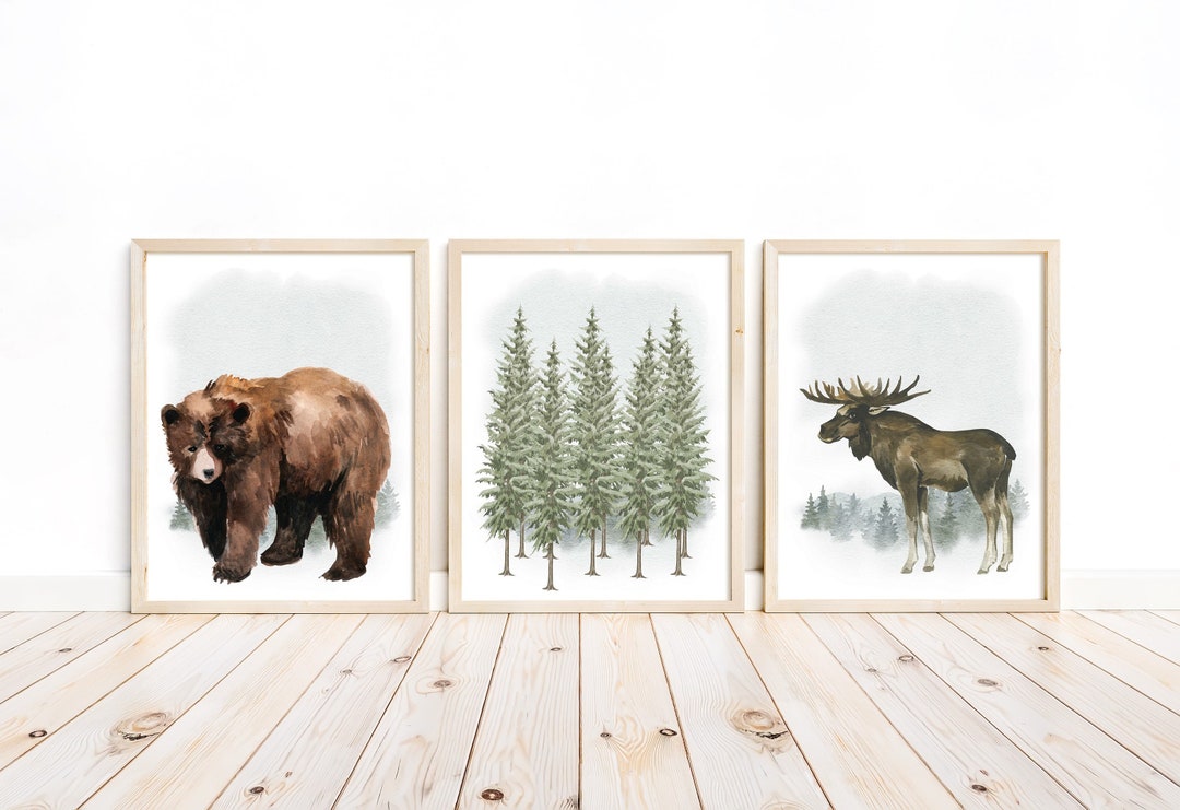 Bear and Moose Woodland Forest Trees Animal Watercolor Wilderness ...
