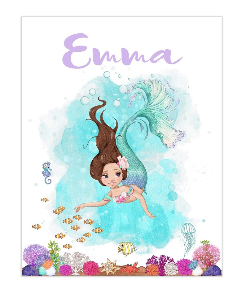 Personalized Name Watercolor Mermaid Under the Sea Nursery - Etsy