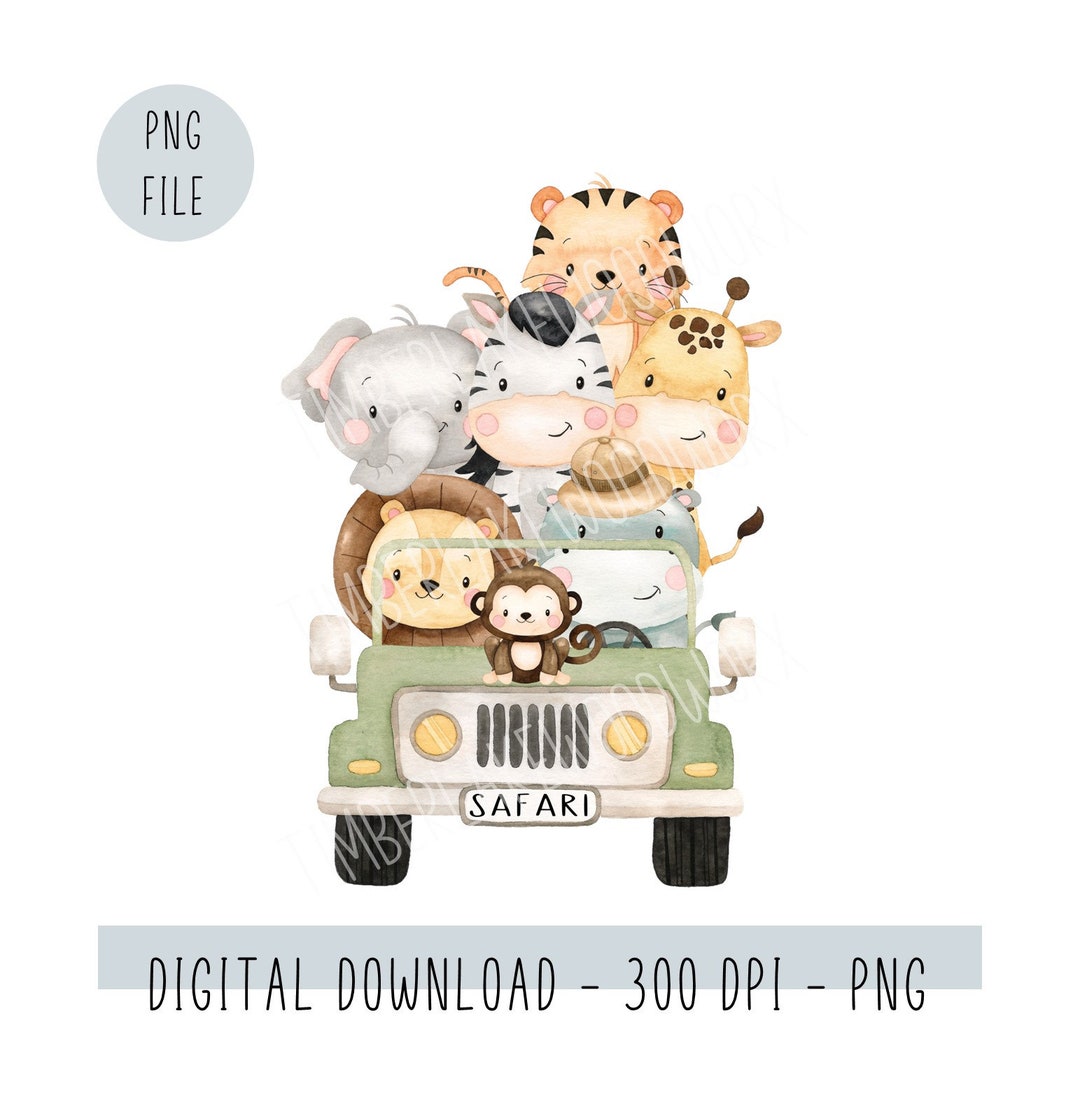 Safari Animals in Jungle Car Watercolor Clipart: Sublimation PNG ...