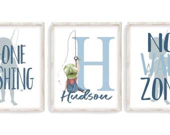 Personalized Watercolor Little Boy Fishing Nursery Decor Set | Etsy