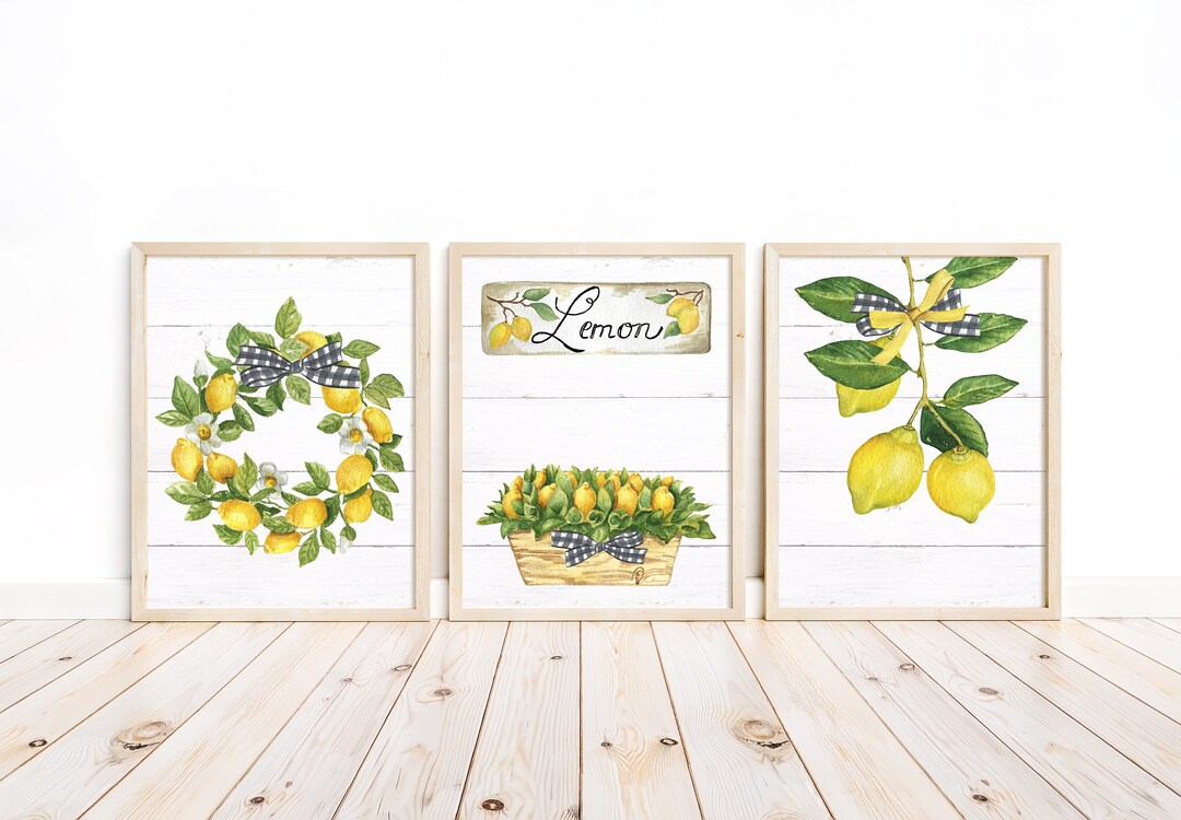 Watercolor Lemon Kitchen Art Prints: Farmhouse Shiplap Decor (digital ...