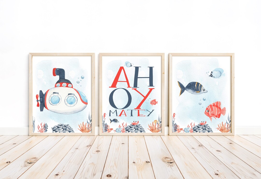 Ahoy Matey Watercolor Nautical Ocean Nursery Set of 3 Unframed Prints ...