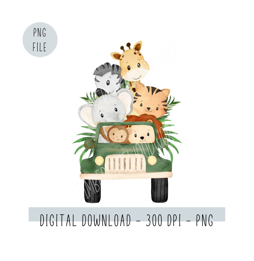 Safari Animals in Jungle Car Watercolor Clipart: Sublimation PNG ...