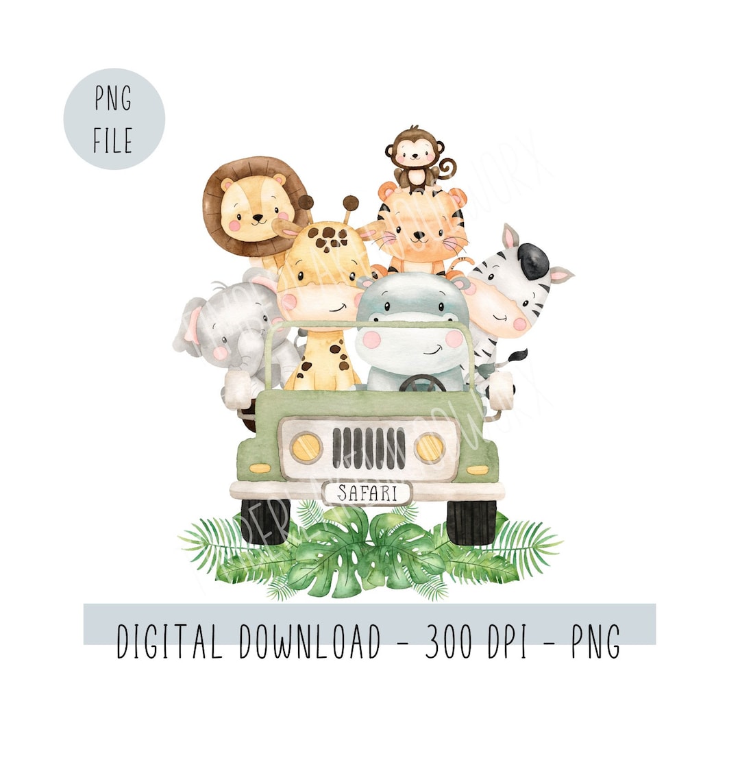 Safari Animals in Jungle Car Watercolor Clipart: Sublimation PNG ...