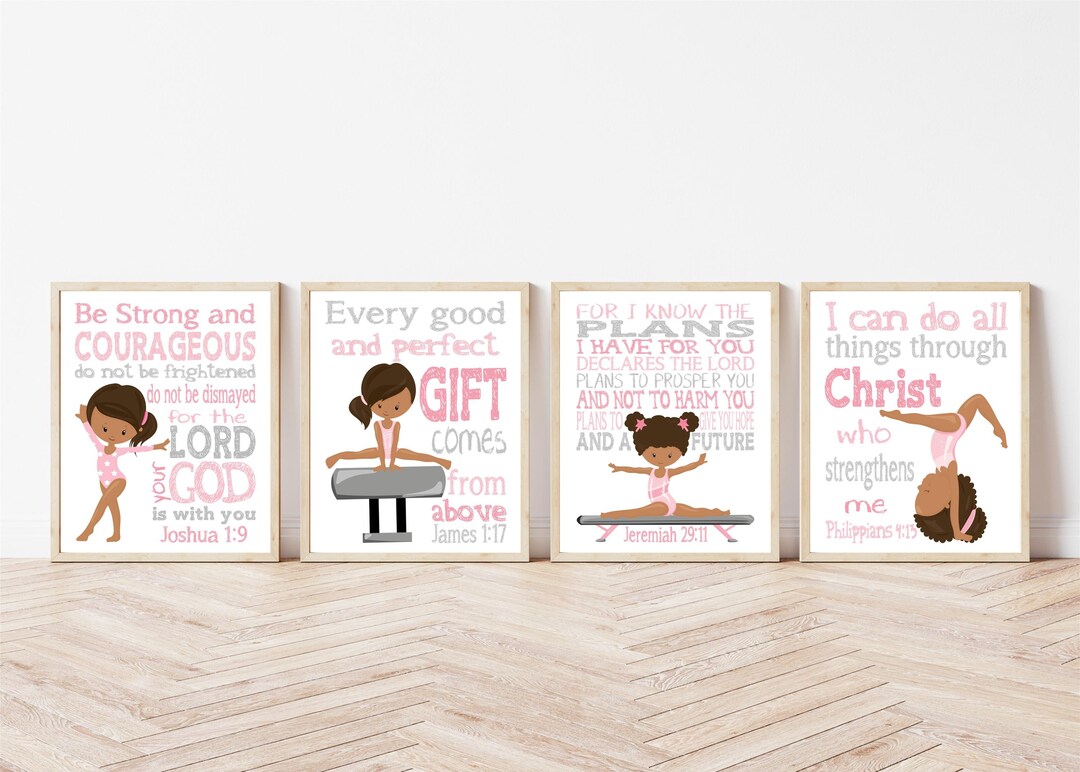 Gymnastics Nursery Prints: Christian Bible Verses, Pink & Gray Set of 4 ...