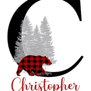 Personalized Woodland Bear Buffalo Plaid Baby Boy Nursery Decor Wall ...