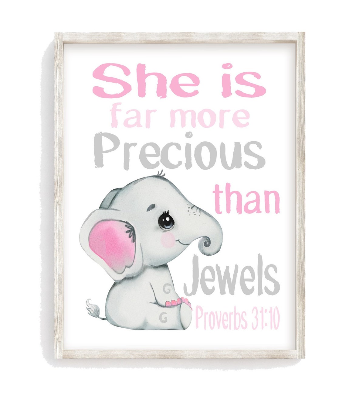 Watercolor Elephant Baby Pink and Gray Christian Nursery Decor Unframed ...