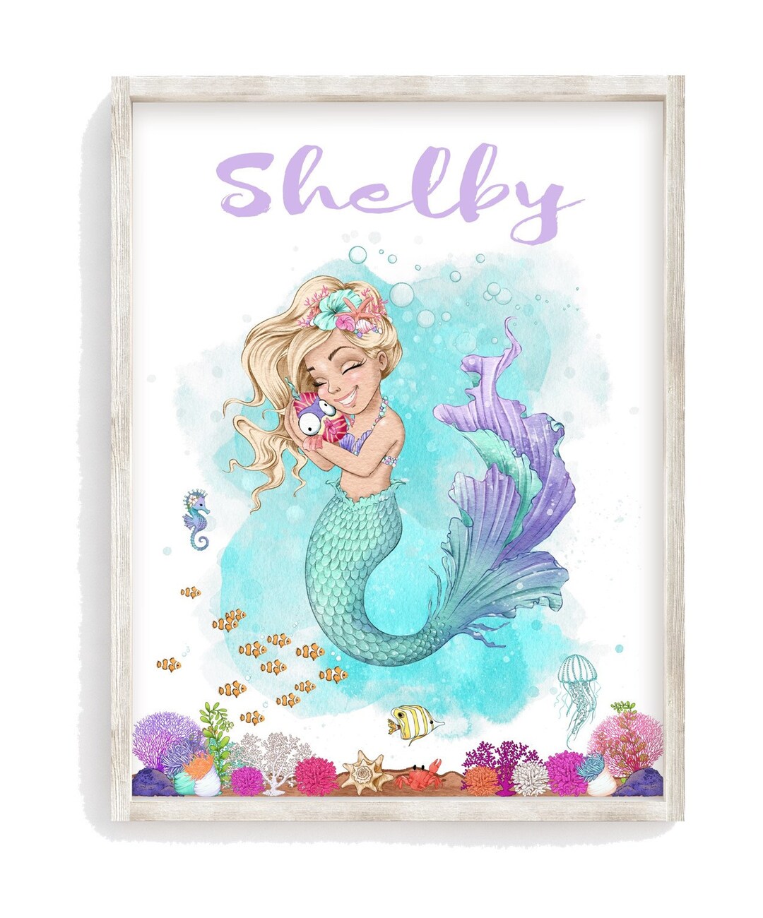 Personalized Name Watercolor Mermaid Under the Sea Nursery Unframed ...