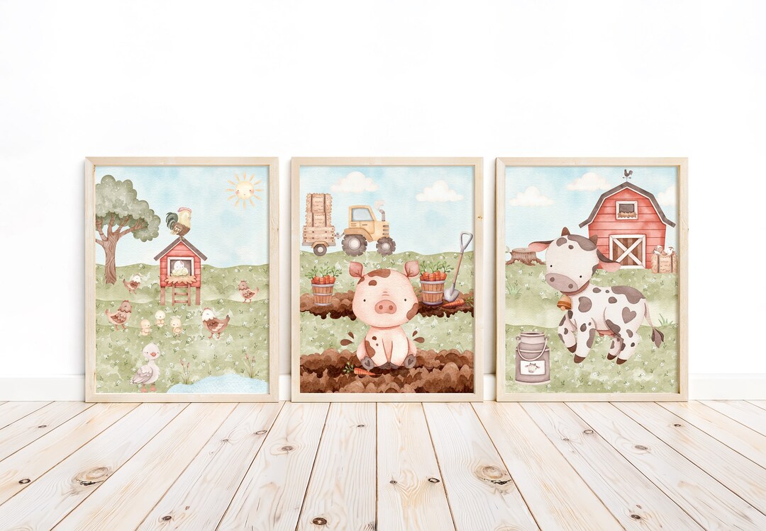 Farm Animals Nursery Decor Prints: Cow, Pig, Chickens Set - Etsy