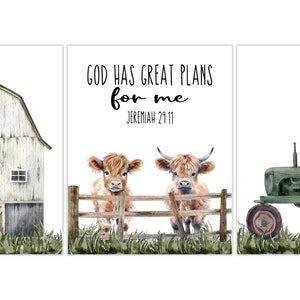 Fram Highland Cow Tractor Christian Nursery Decor Set of 3 Unframed ...