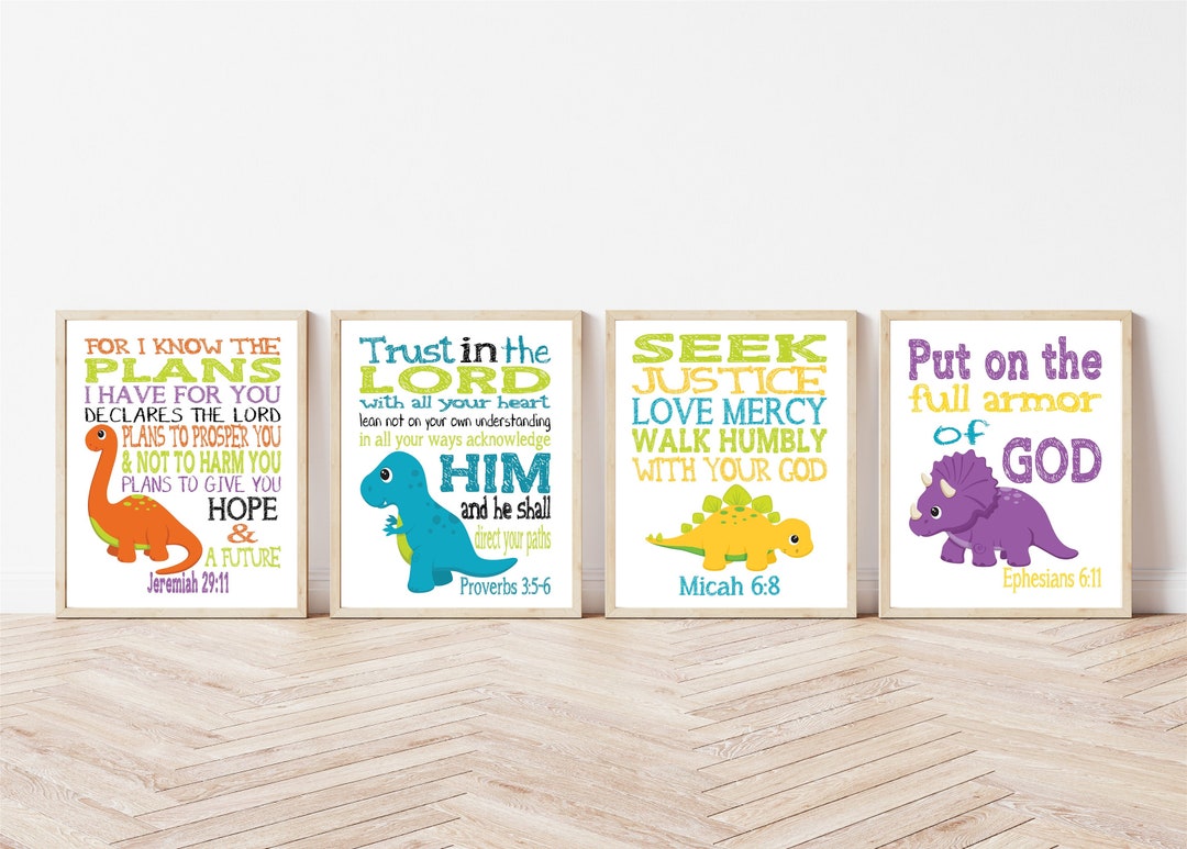 Dinosaur Christian Nursery Decor Set of 4 Unframed Prints Tyrannosaurus ...
