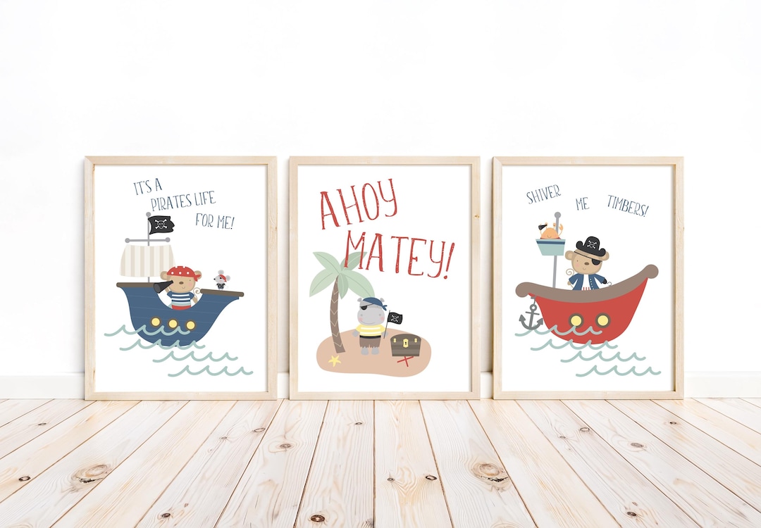 Ahoy Matey Pirate Animals Nursery Decor Set of 3 Unframed Prints ...