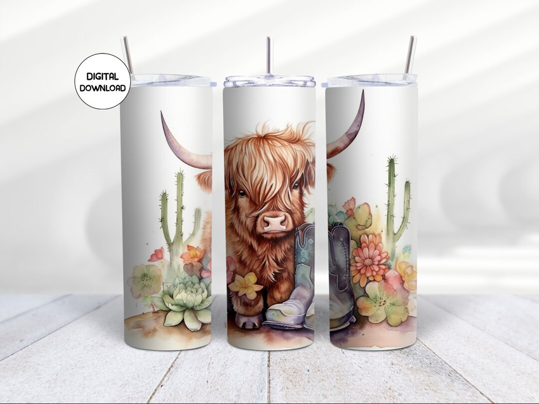 Highland Cow Succulent Desert Cactus Western Skinny Tumbler Wrap PNG ...