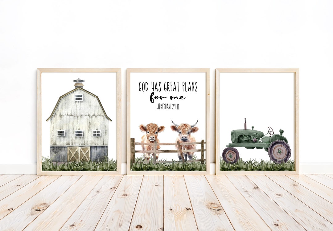 Fram Highland Cow Tractor Christian Nursery Decor Set of 3 Unframed ...