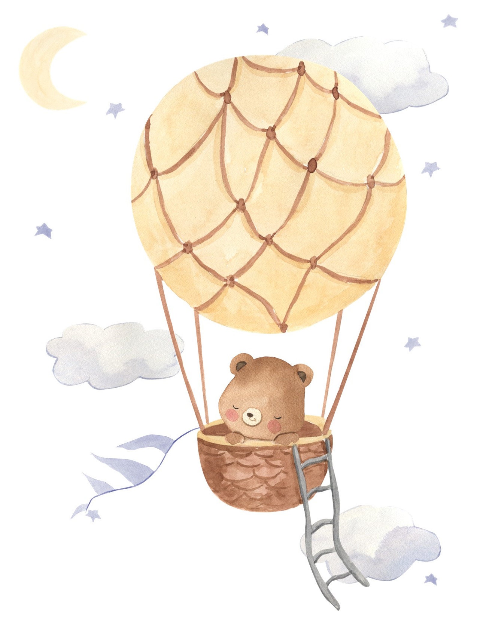 Bear in Hot Air Balloon Watercolor Nursery Decor Unframed | Etsy