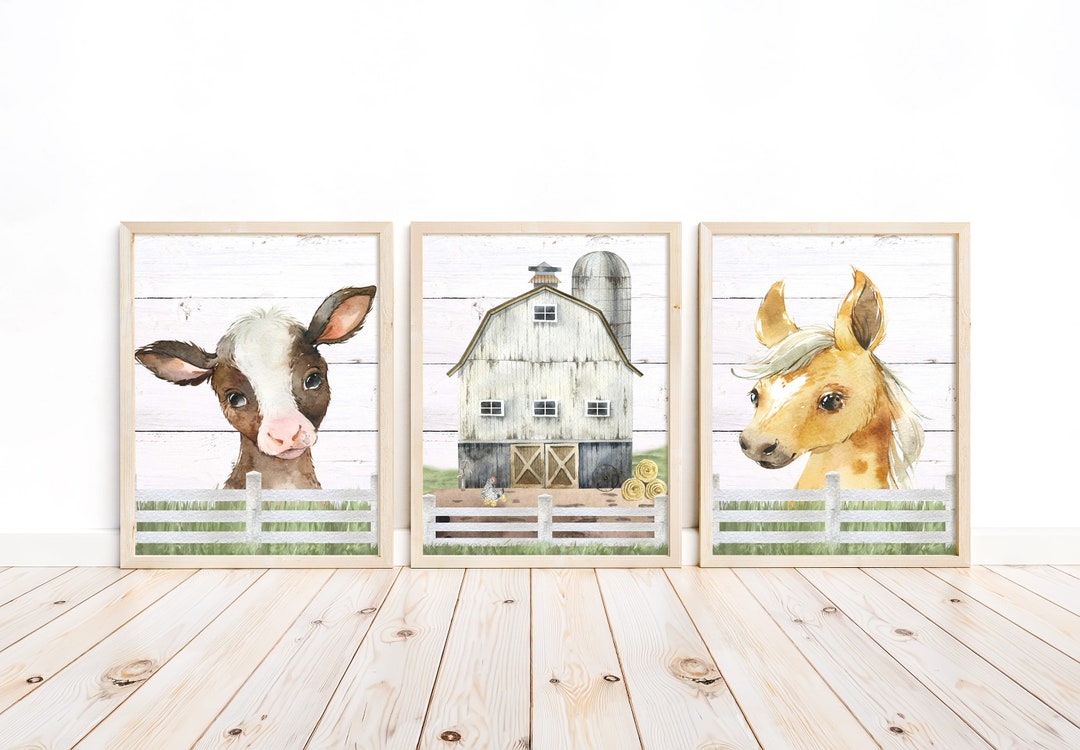 Cow Horse Barnyard Watercolor Farm Animal Watercolor Rustic Shiplap ...